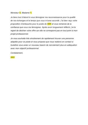 Lettre de refus d''une proposition poste - Format Word/PDF
