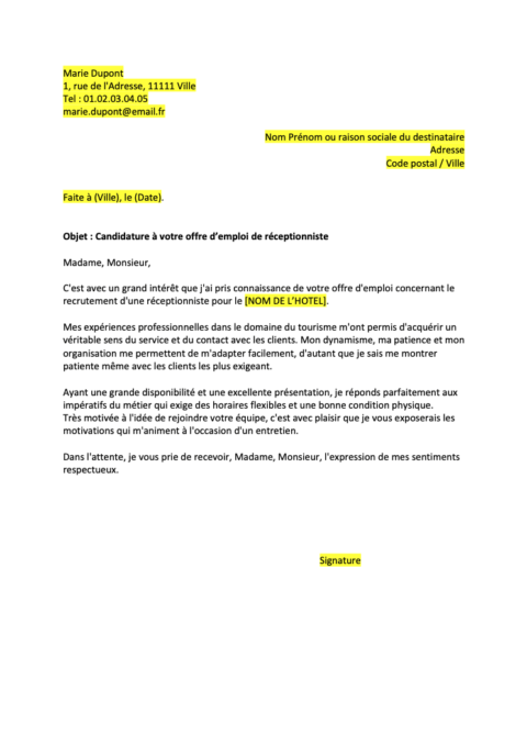 Lettre de motivation receptionniste - Format Word / PDF