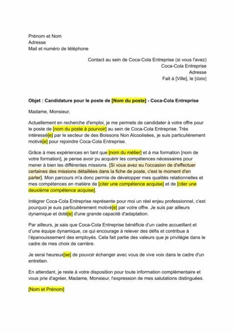 Lettre De Motivation Coca-Cola Entreprise - Word - Gratuit